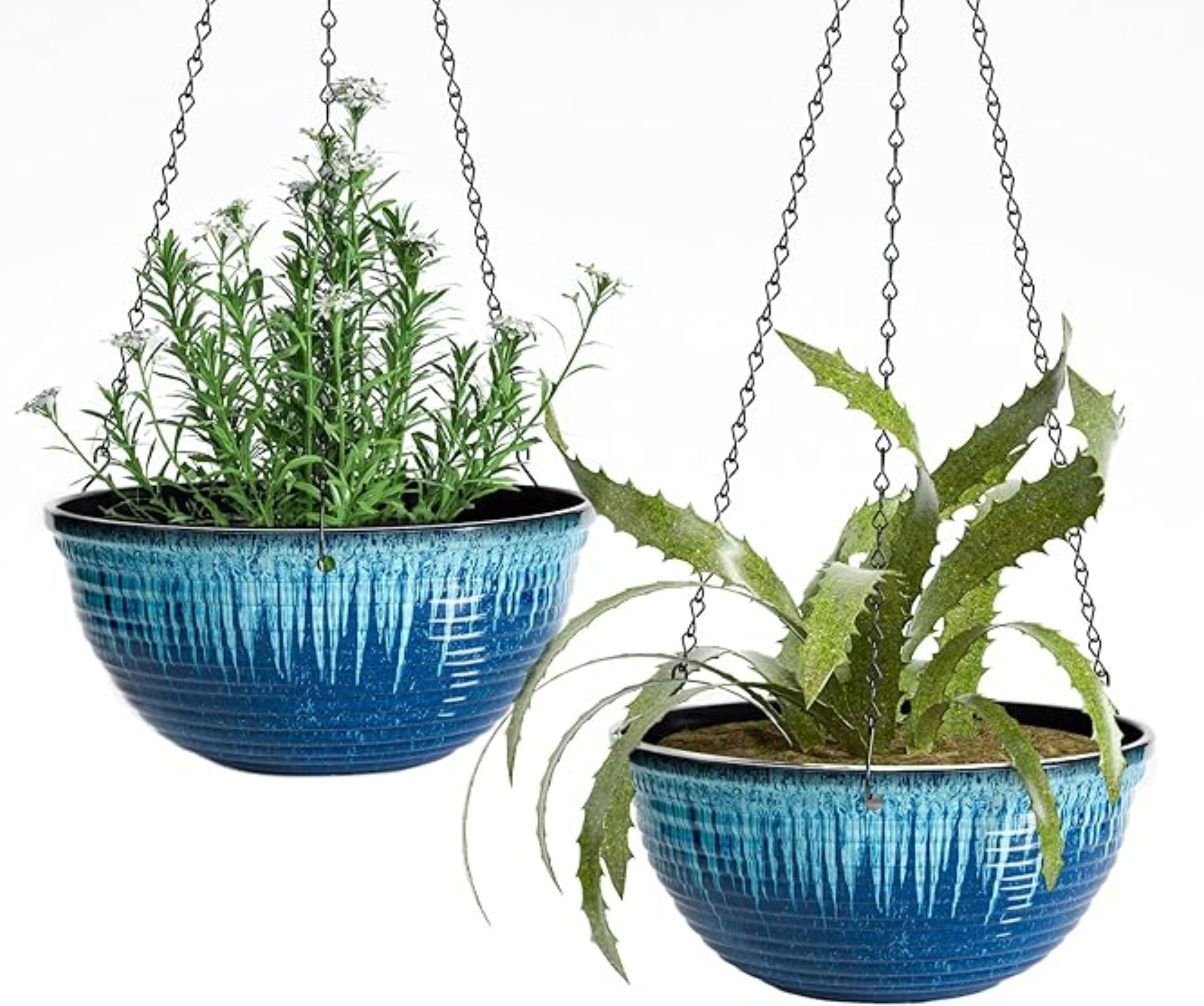 Artful Suspension: The 12 inch Hanging Planters with Blue Flow Glaze ...